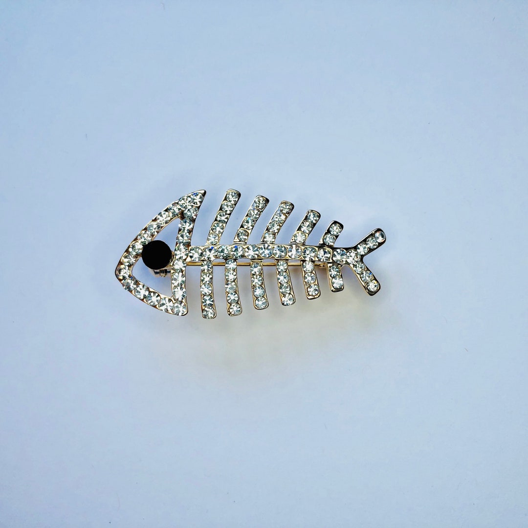 Gold-tone Rhinestone Fish Bone Fish Skeleton Brooch Pin Jewelry Gift ...