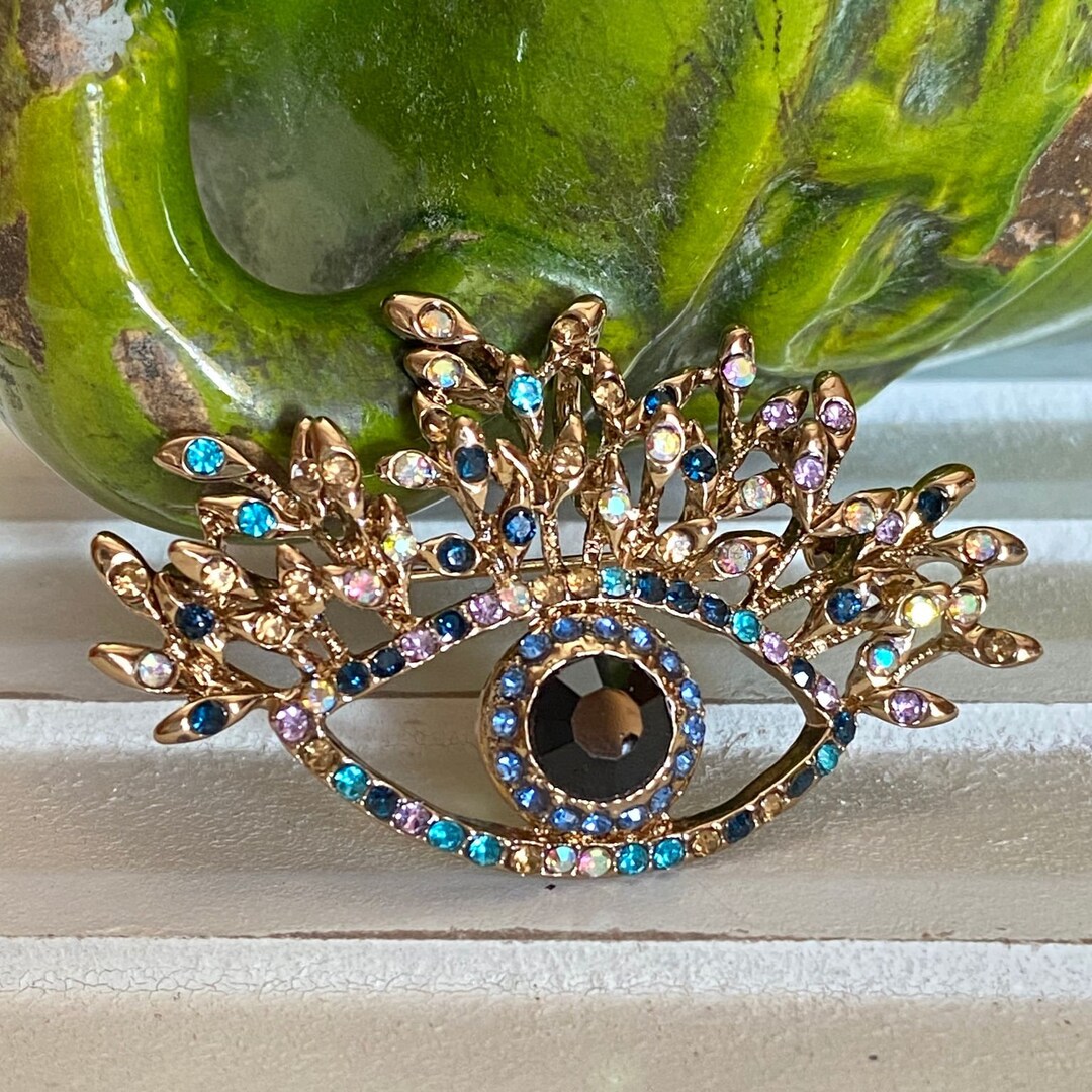 Colorful Rhinestone Sparkly Evil Eye With Tree Leaves Eyelashes Brooch ...