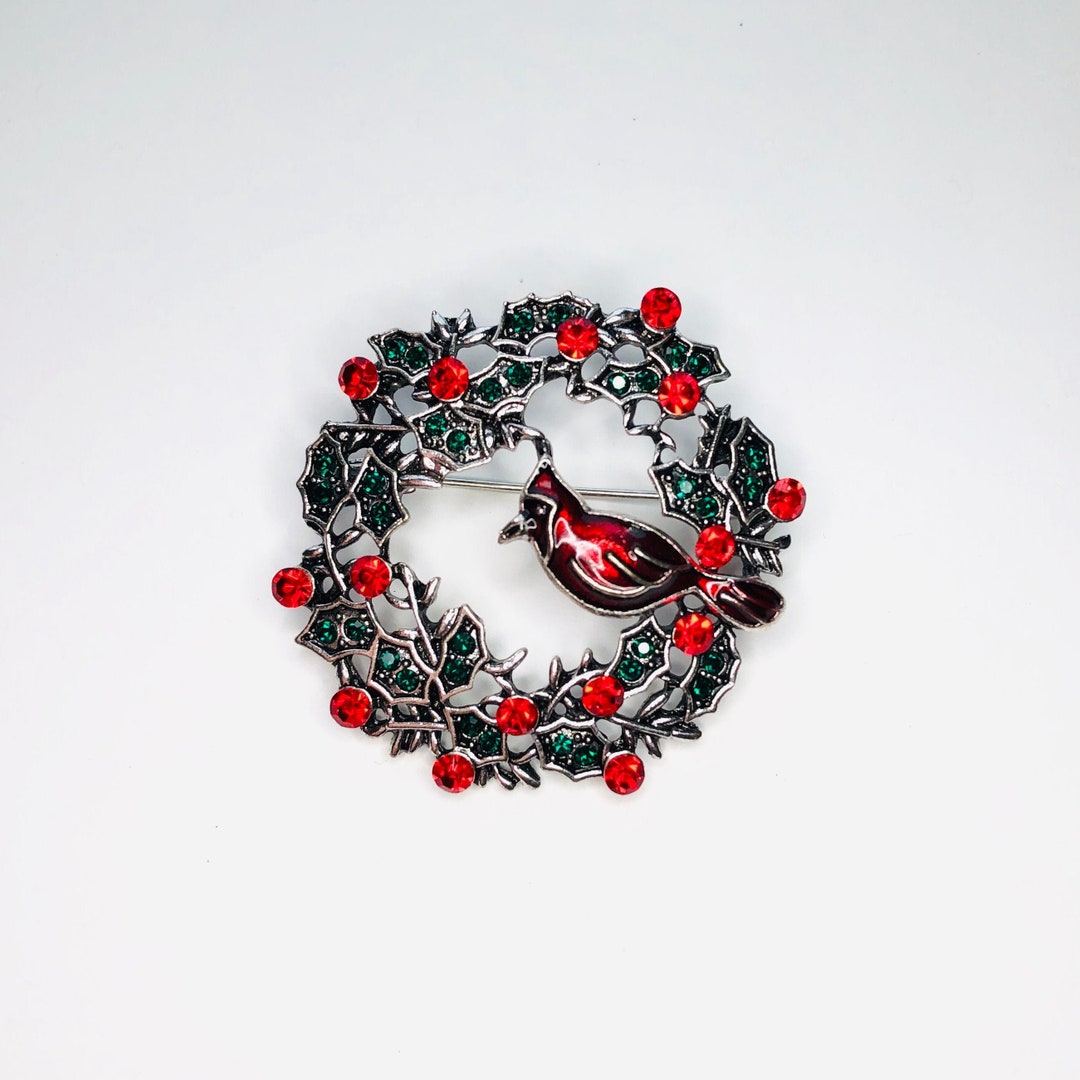 Red and Green Rhinestone Wreath With Enamel Red Cardinal Christmas ...