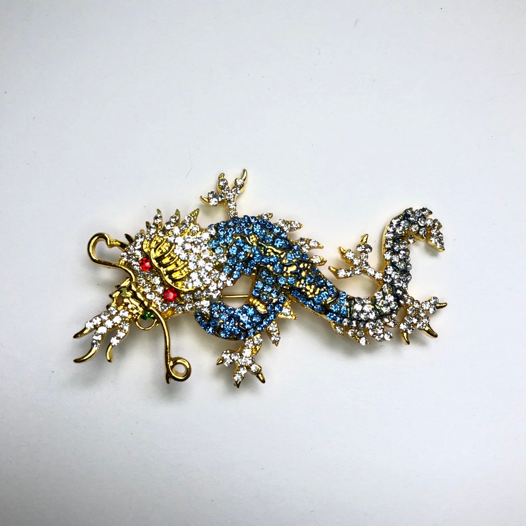 Blue Chinese Rhinestone Dragon Brooch Pin Chinese New Year Jewelry ...