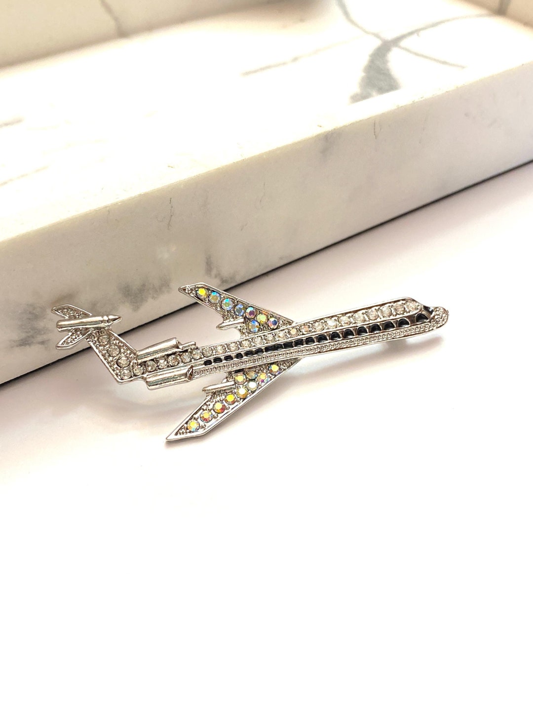 Silver-tone Rhinestone Airplane Aircraft Jet Silver Color Brooch Pin ...