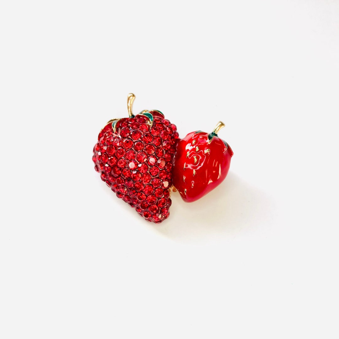 Rose Gold Red Rhinestone & Enamel Double Strawberries Strawberry Plant ...