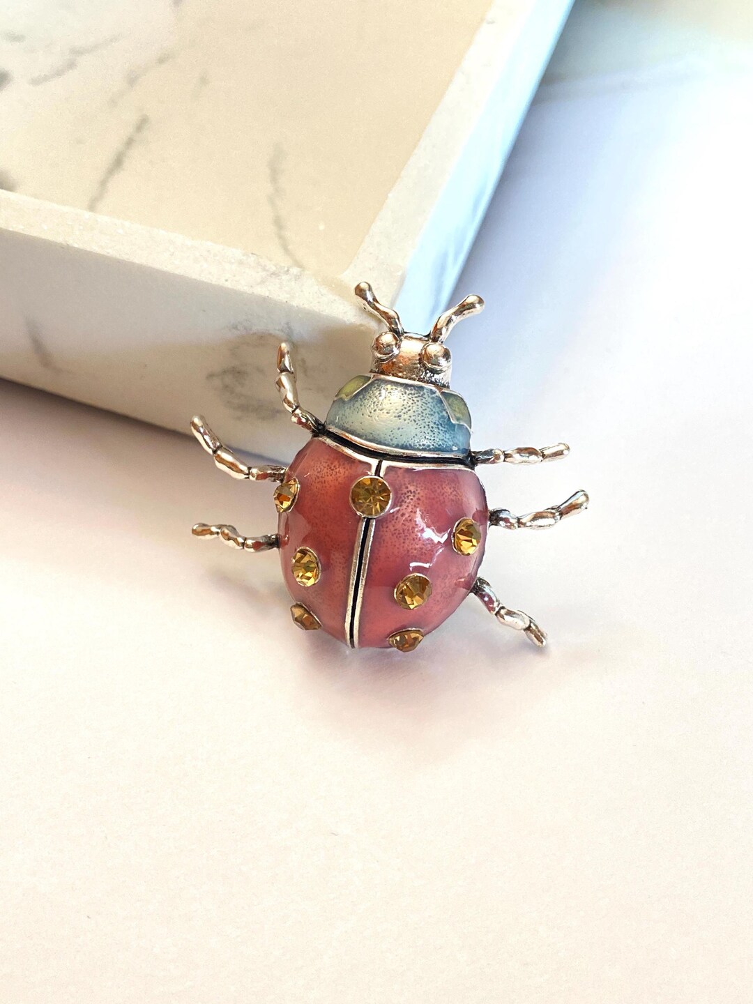 Silvertone Dusty Pink and Blue Enamel Lucky Ladybug Rhinestone Brooch ...