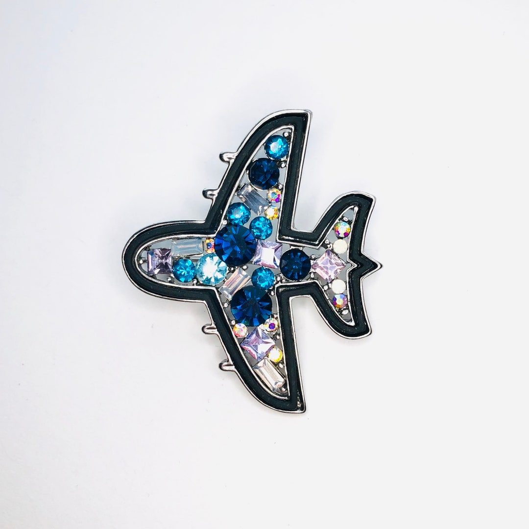 Blue Crystal Airplane Aircraft Silver Color Brooch Pin Jewelry Airline ...