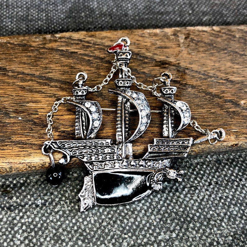 Silvertone Pirate Ship Boat Vessel Dragon Rhinestone Brooch | Etsy