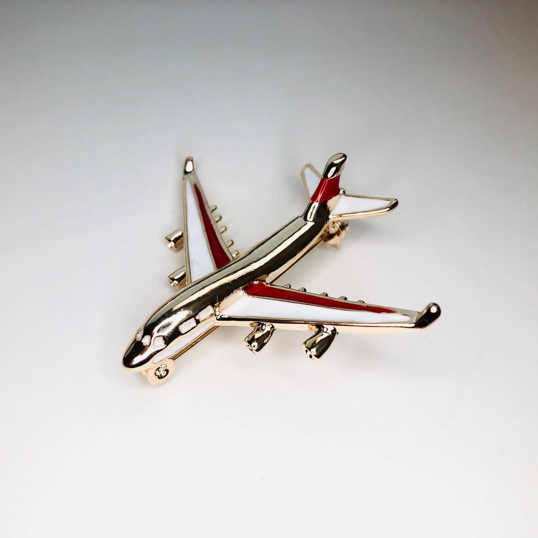 Red & White Enamel Airplane Jet Aircraft Gold Color Brooch Pin Jewelry ...