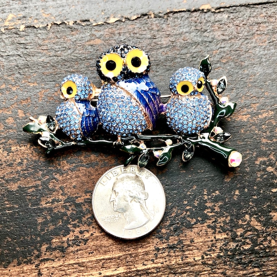 Owl Family Mom & Kids Rhinestone Brooch Lapel Pin Jew… - Gem