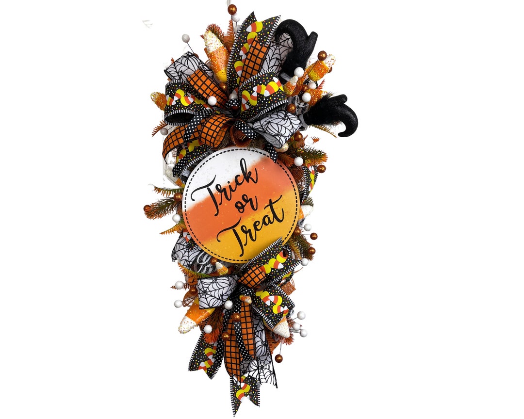 Trick or Treat Halloween Swag, Candy Corn and Spider Web Door Decor ...