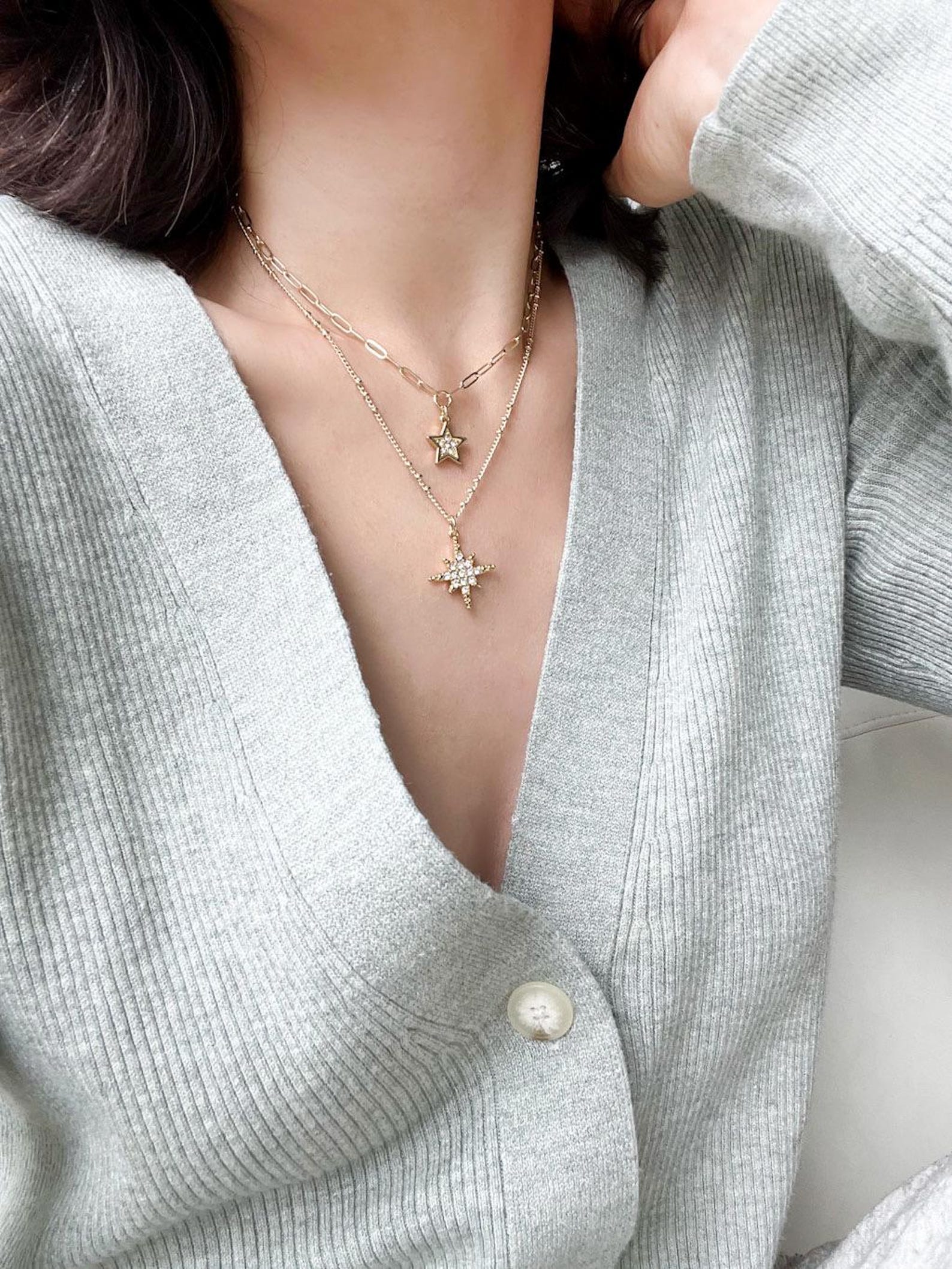 Double Layered Gold Necklace Set With Star & Sunburst Charms, 2 Layered ...