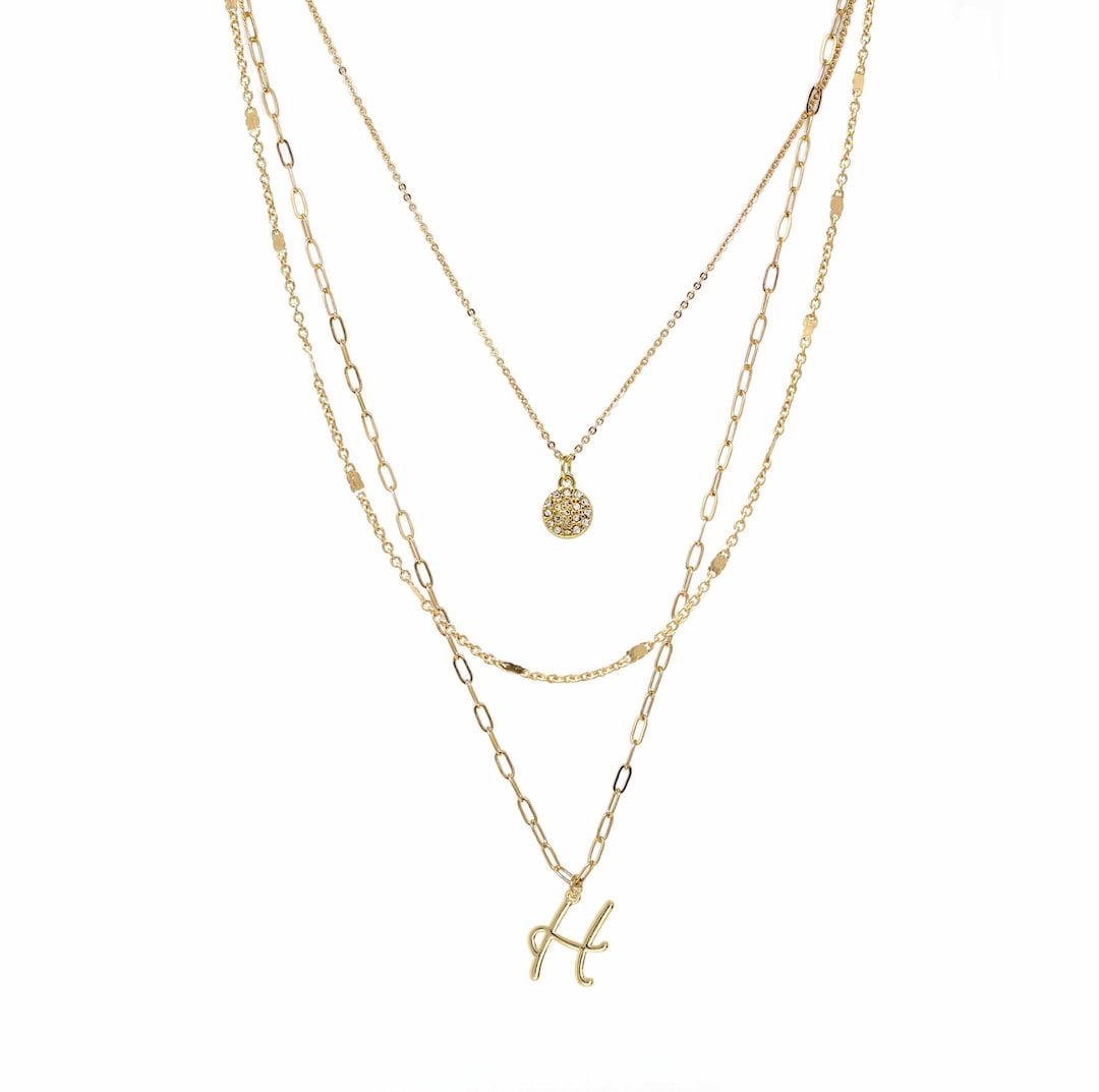 3 Layered Initial Necklace Set Gold, Detangler Necklace, Script Initial ...