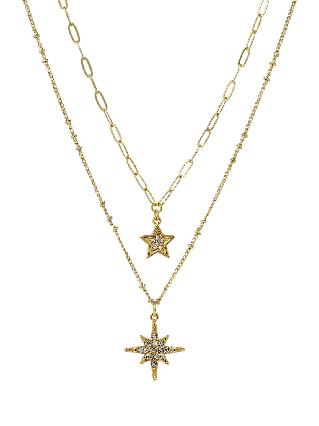 Double Layered Gold Necklace Set With Star & Sunburst Charms, 2 Layered ...