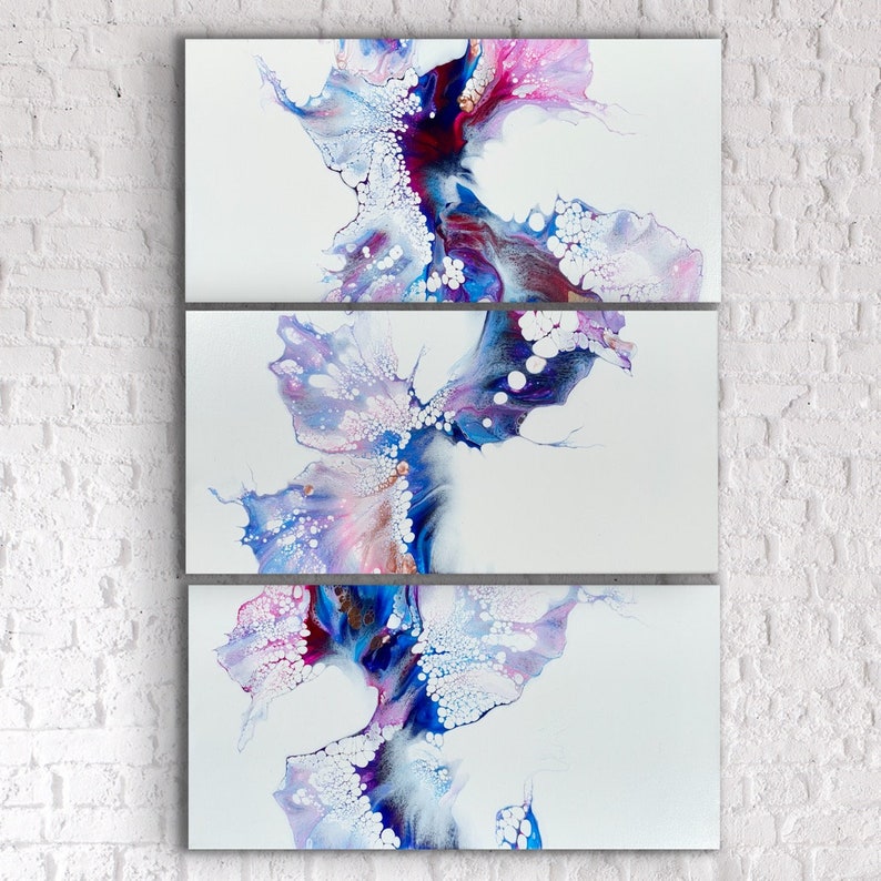 Magenta, Blue and Copper Abstract Fluid Art Acrylic Pour Triptych Painting. Each Canvas is 10x ...