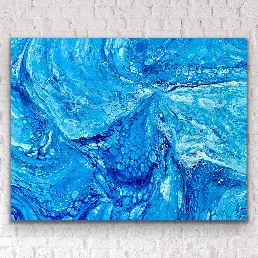 Ocean Inspired Blue and White Fluid Acrylic Abstract Art on Canvas ...