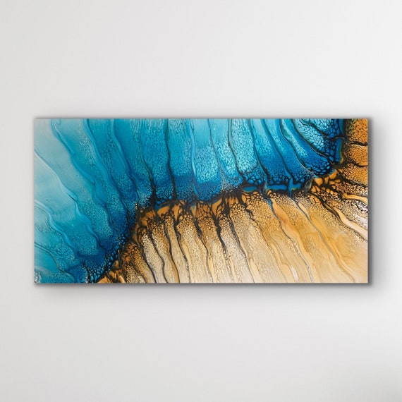 Beautiful Split Tan and Blue Abstract Fluid Art Acrylic Pour - Etsy