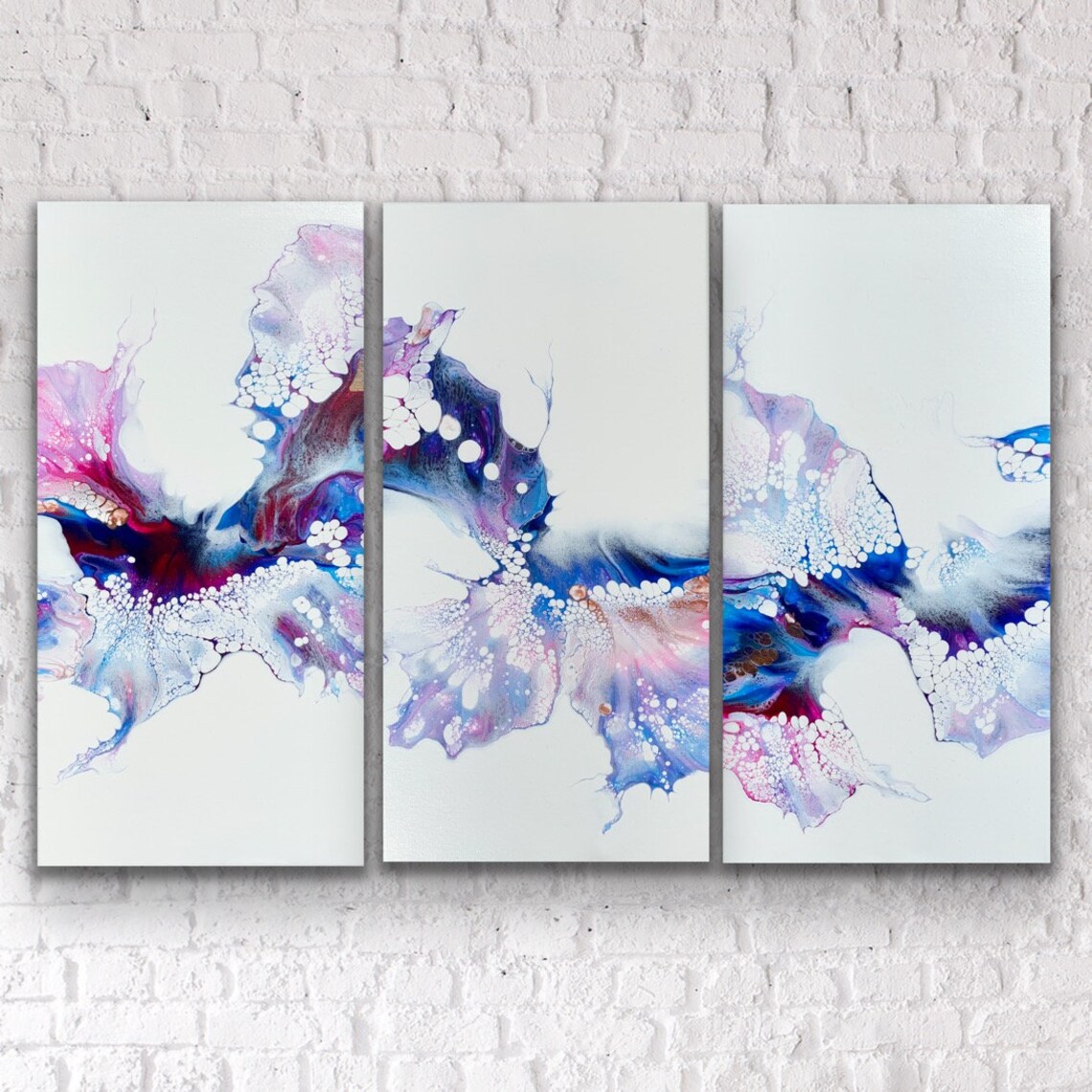 Magenta, Blue and Copper Abstract Fluid Art Acrylic Pour Triptych Painting. Each Canvas is 10x ...
