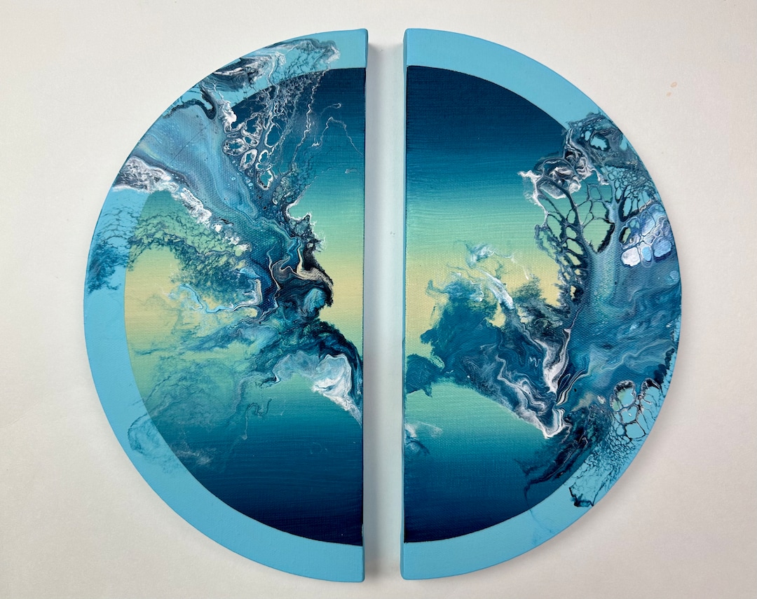 Ocean Wave Abstract Diptych Fluid Art Acrylic Pour Painting on a Half ...