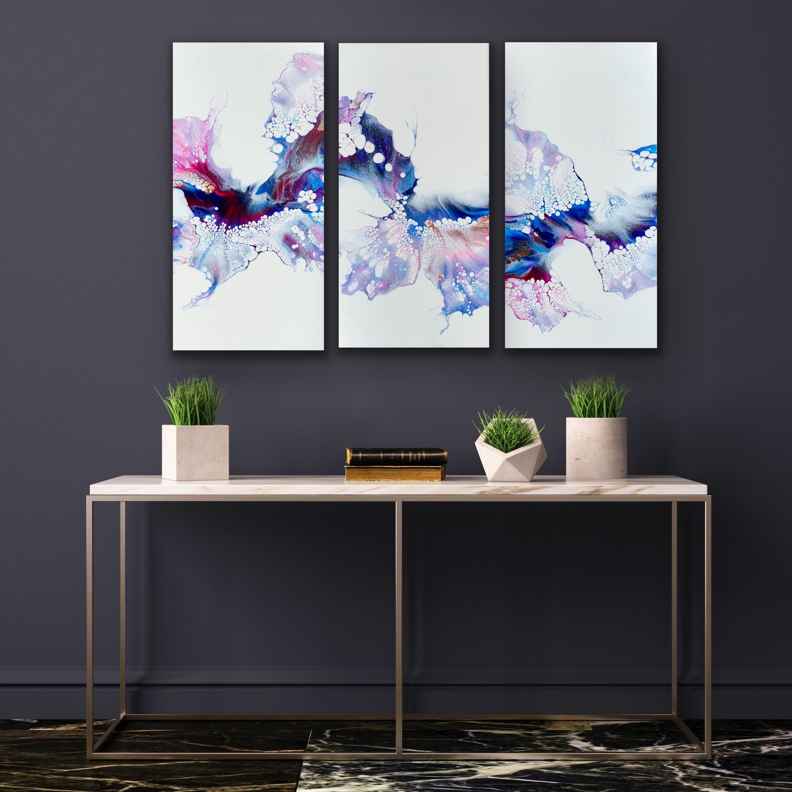 Magenta, Blue and Copper Abstract Fluid Art Acrylic Pour Triptych Painting. Each Canvas is 10x ...