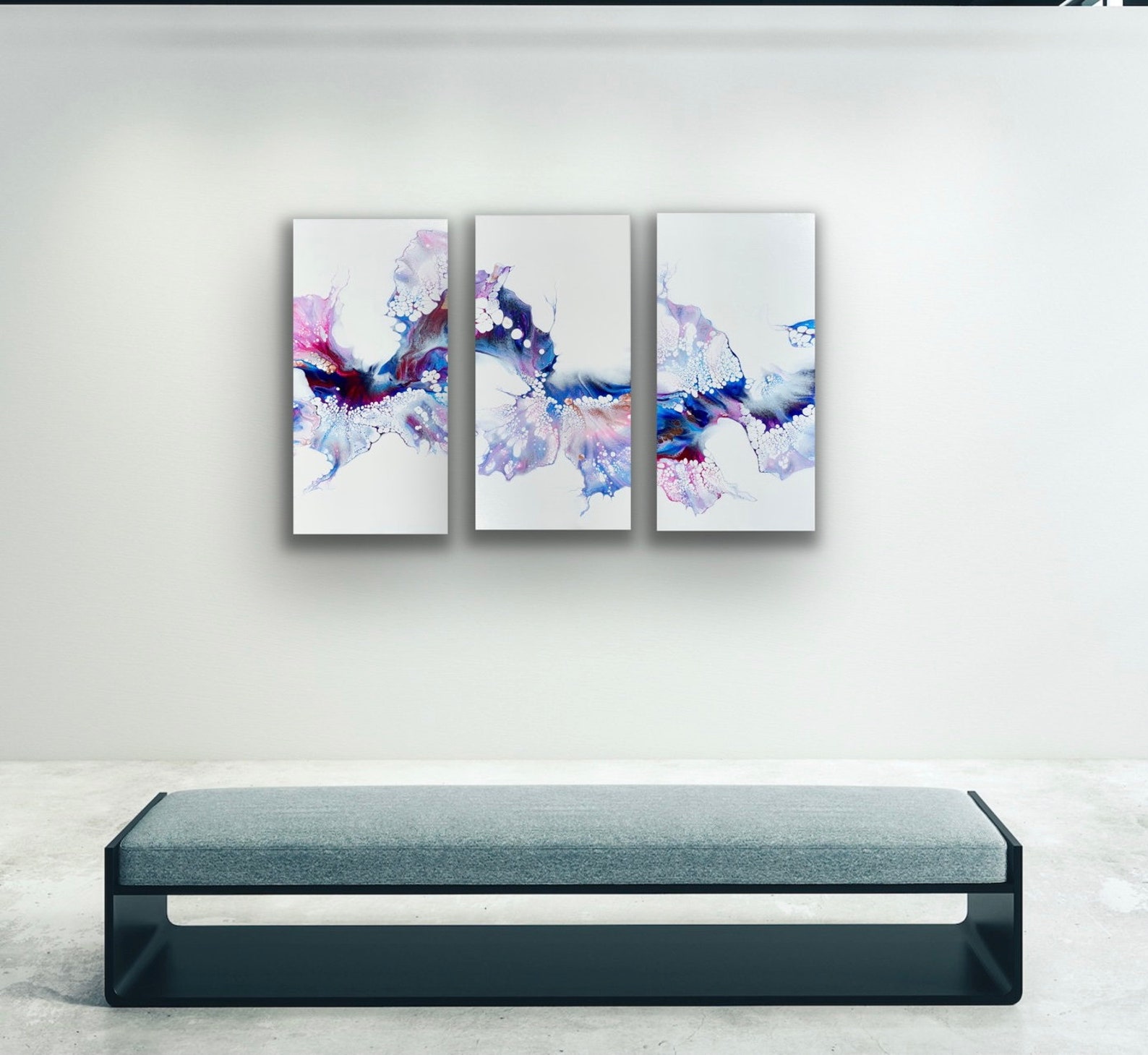 Magenta, Blue and Copper Abstract Fluid Art Acrylic Pour Triptych Painting. Each Canvas is 10x ...