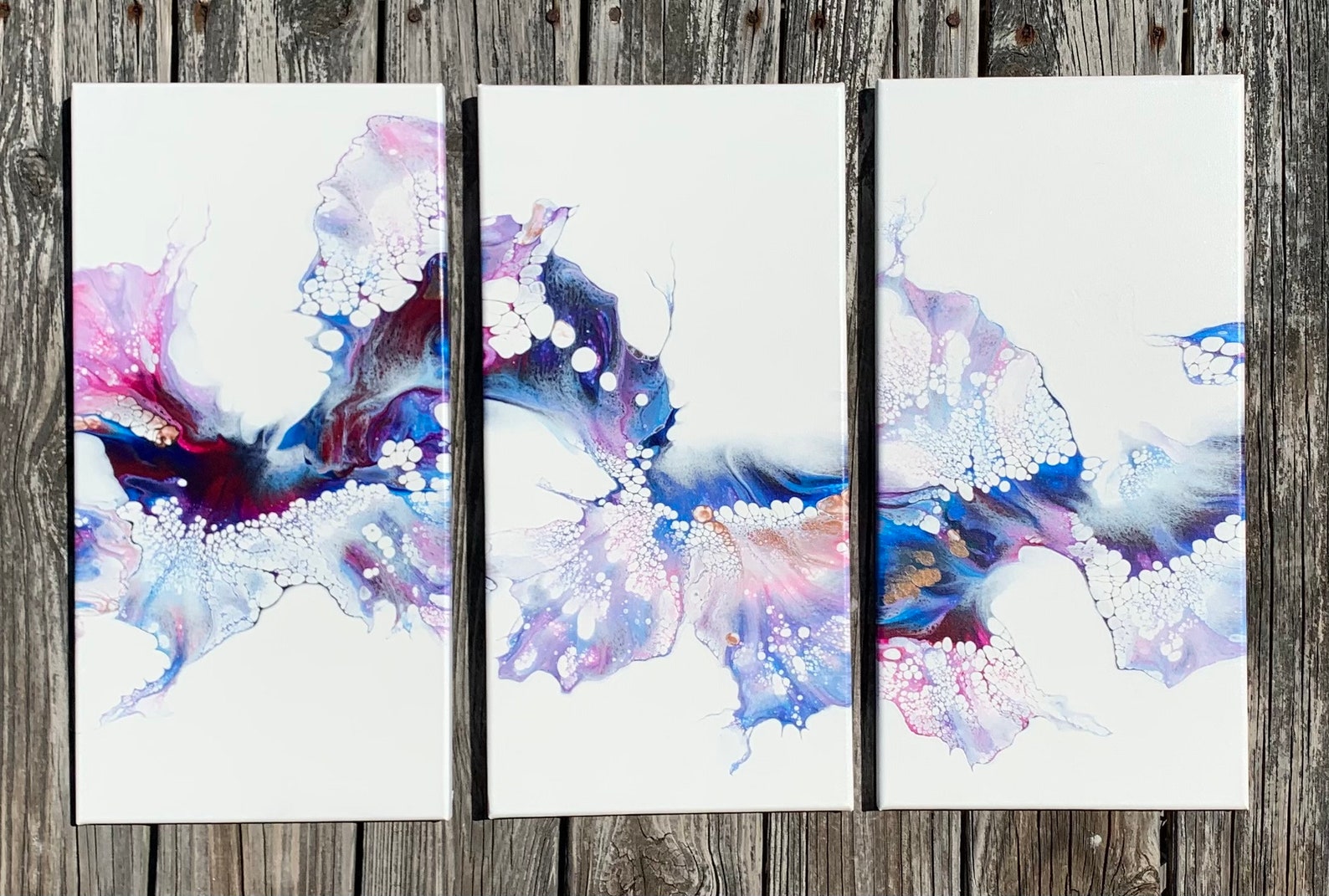 Magenta, Blue and Copper Abstract Fluid Art Acrylic Pour Triptych Painting. Each Canvas is 10x ...
