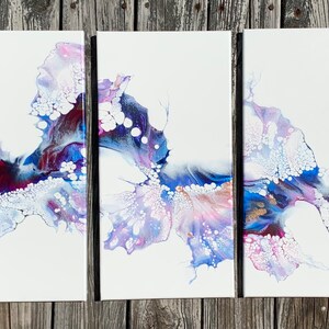 Magenta, Blue and Copper Abstract Fluid Art Acrylic Pour Triptych Painting. Each Canvas is 10"x ...