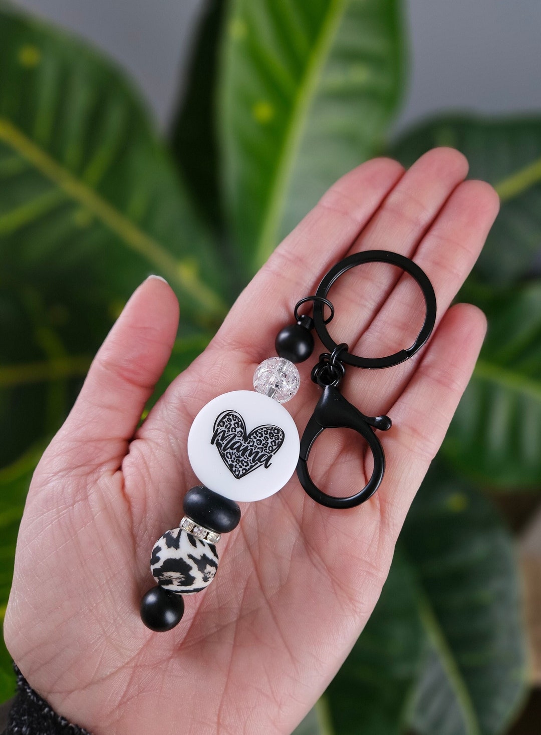 Silicone Bead Mama Keychain, Leopard Print Keyring, Black and White ...
