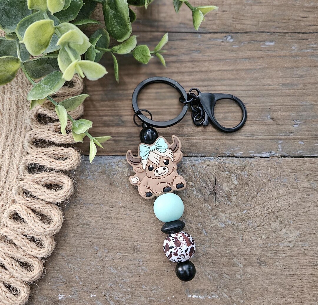 Silicone Bead Highland Cow Keychain, Cow Keyring, Brown Cow Bar ...