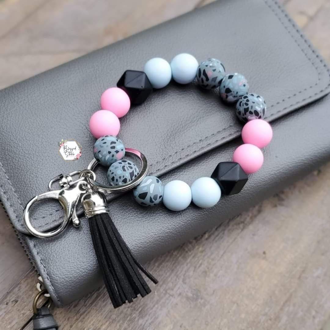 Silicone Bead Wristlet, Grey Terrazzo Beaded Keychain, Black Keychain ...