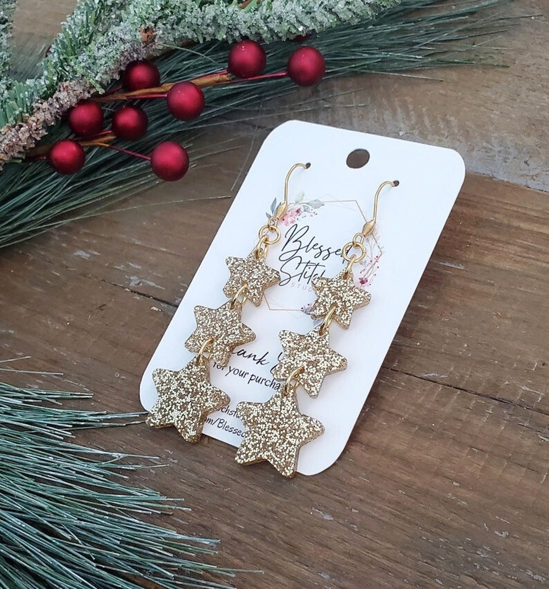 Stacked Star Earrings, Gold Glitter Acrylic Star Earring, New Years Eve ...