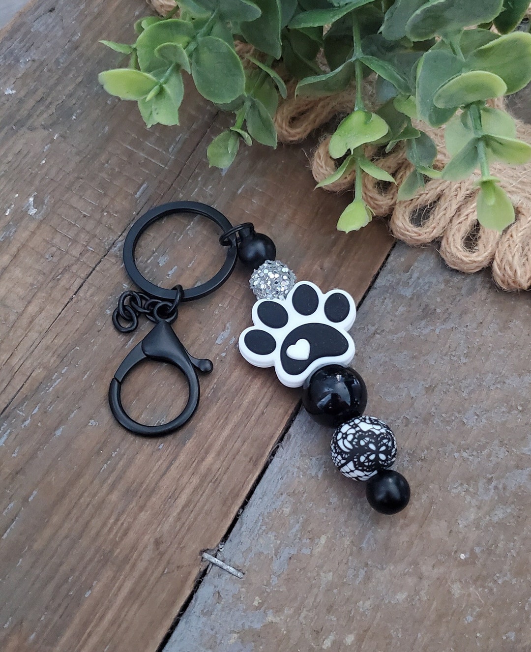 Silicone Bead Paw Print Keychain, Dog Paw Keyring, Black Dog Paw Bar ...