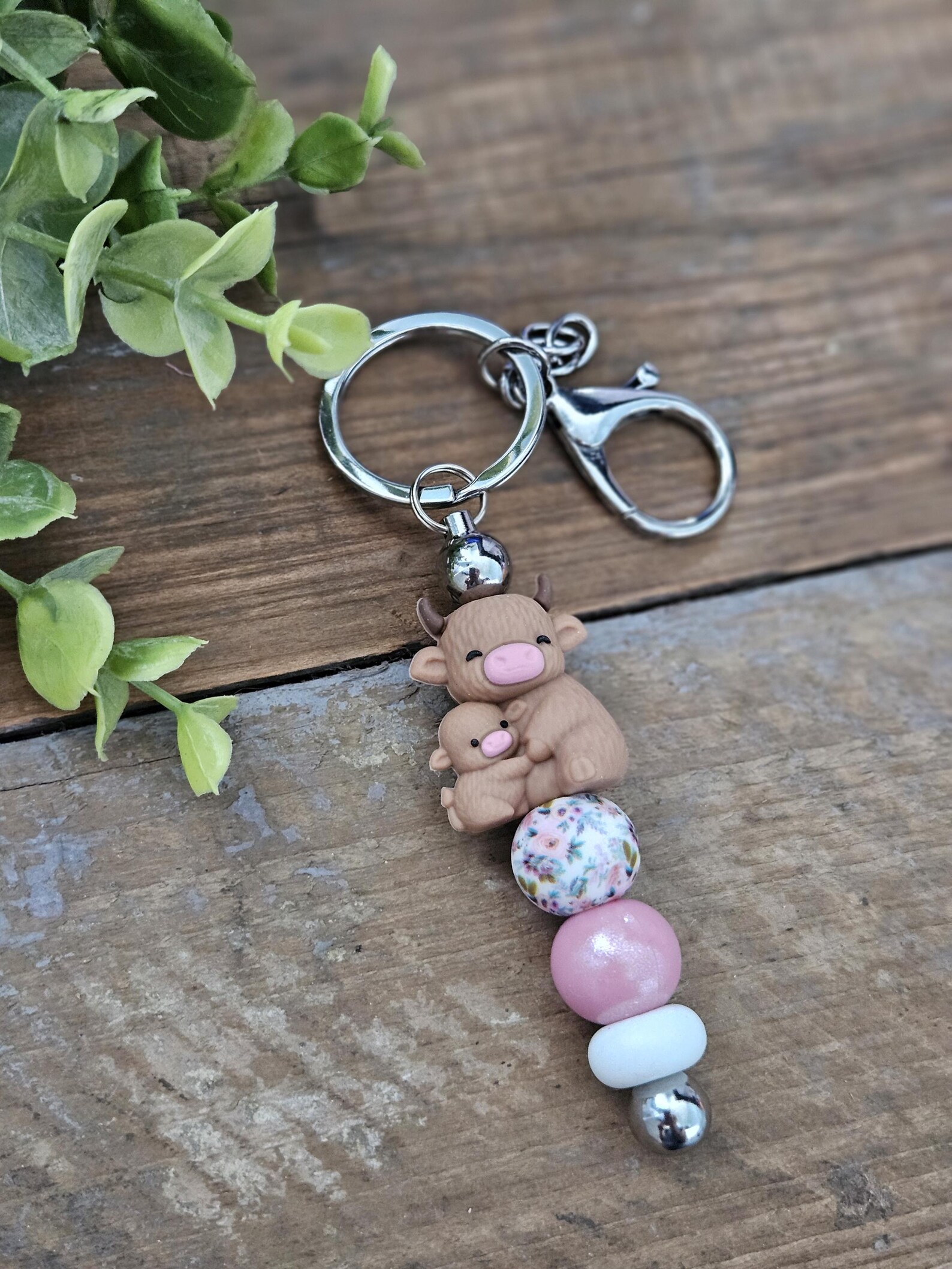 Brown Cow Silicone Bead Keychain, Mama Cow Keyring, Mom Ansd Baby Cow ...