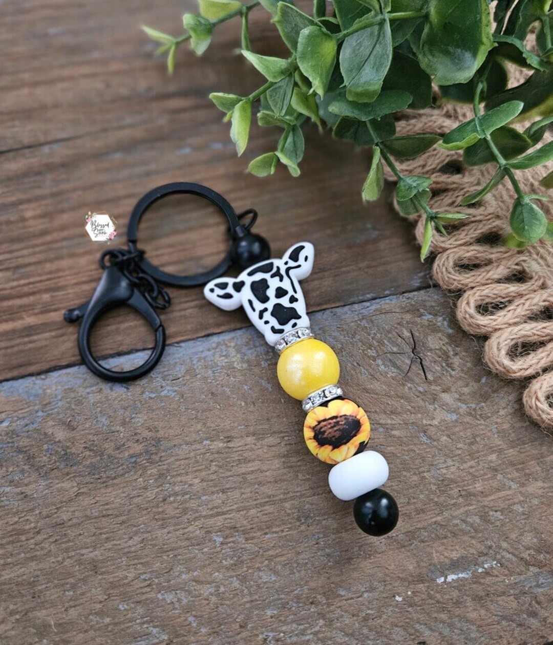 Silicone Bead Cow Keychain, Cow Head Keyring, Black and White Cow Bar ...
