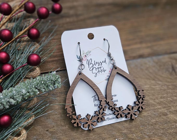 Snowflake Earring, Winter Snowflake Dangle, Wood Snowflake Earring ...