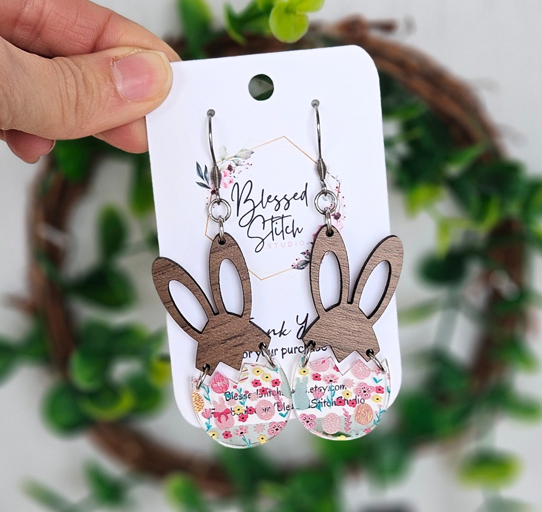 Easter Bunny Earrings, Spring Flower Wood Jewelry, Bunny Earrings ...