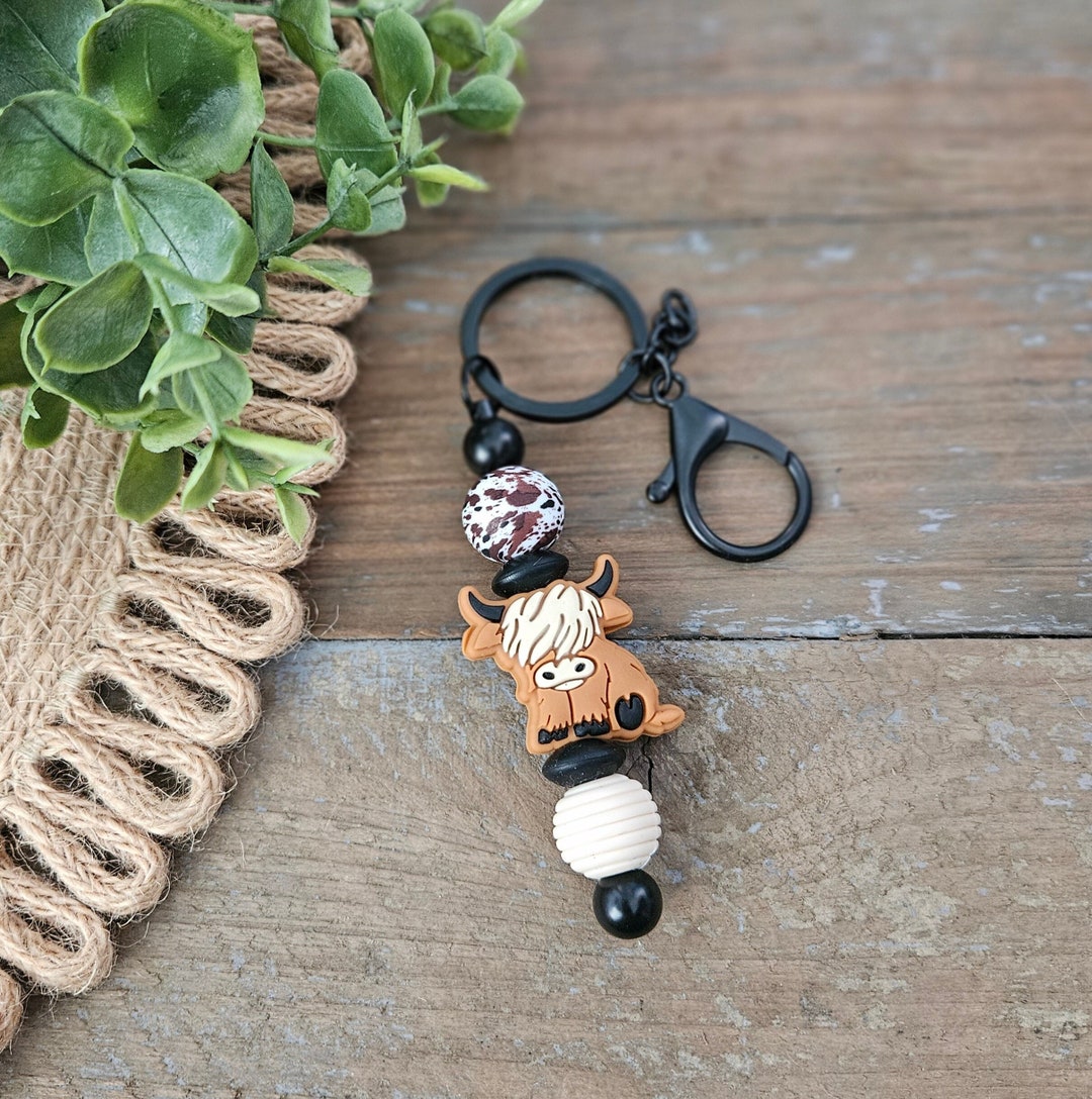 Silicone Bead Highland Cow Keychain, Cow Keyring, Brown Cow Bar ...