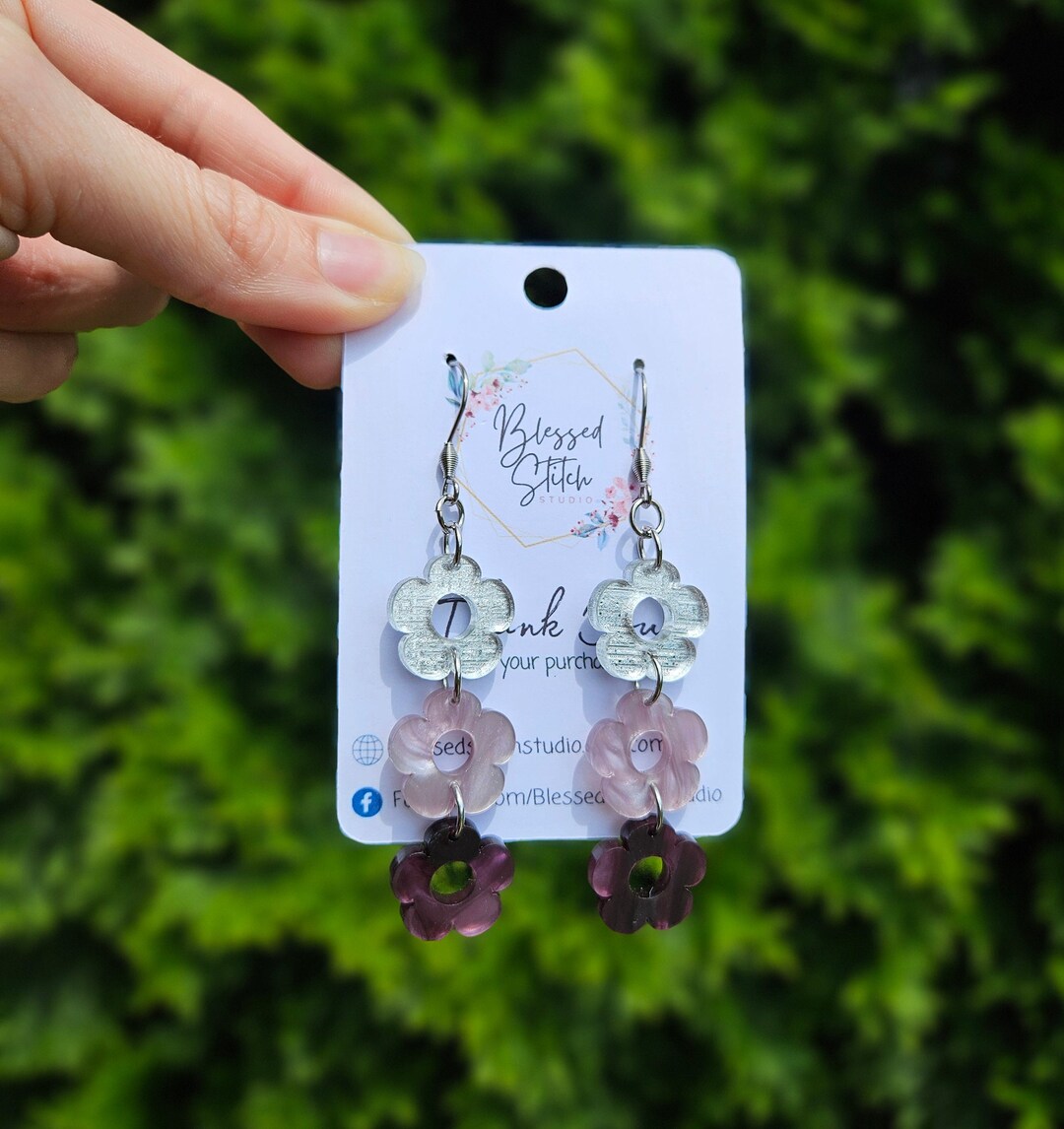 Purple Flower Trio Earrings, Purple Glitter Trio, Flower Earrings, Dark ...