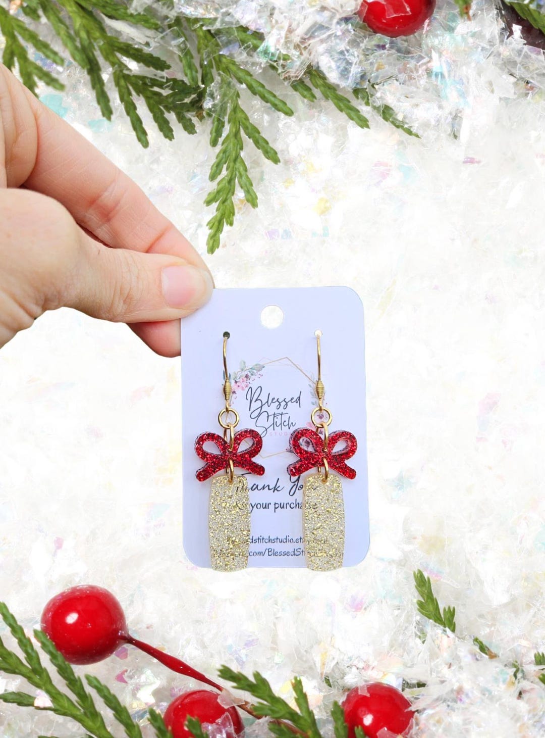 Christmas Present Earring, Red Glitter Bow Earring, Red Gold Glitter ...