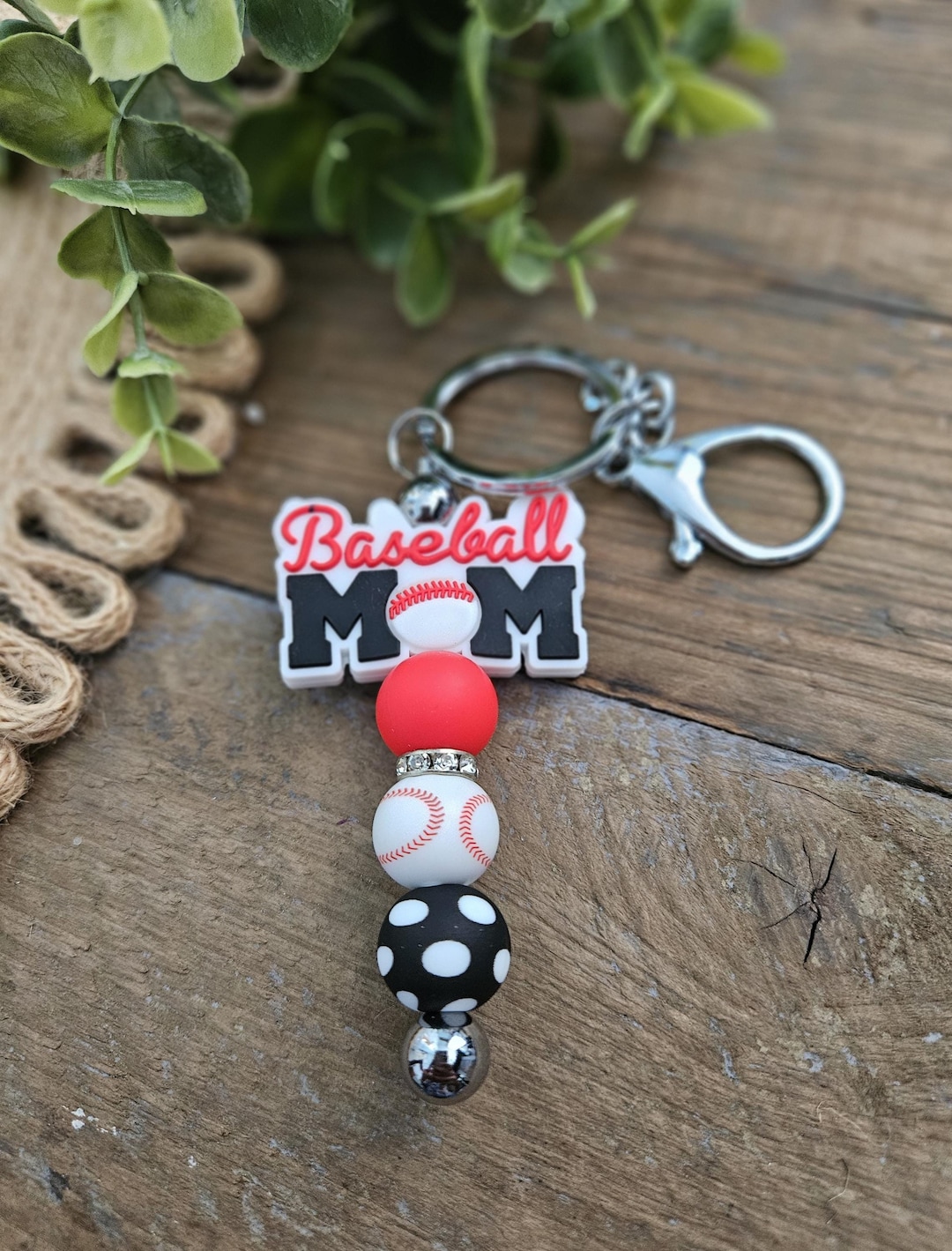 Silicone Bead Mom Keychain, Baseball Print Keyring, Baseball Mom ...