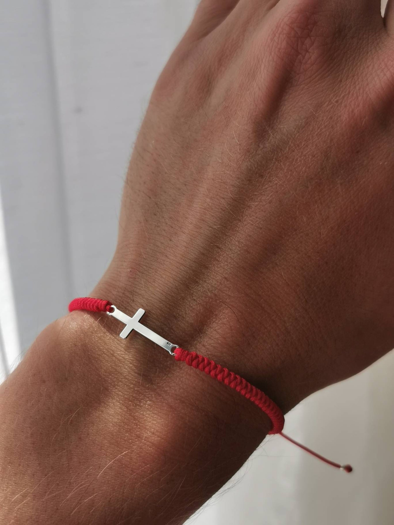 Silver Cross Men's Bracelet. Red String for Men. Cross Bracelet for Him ...