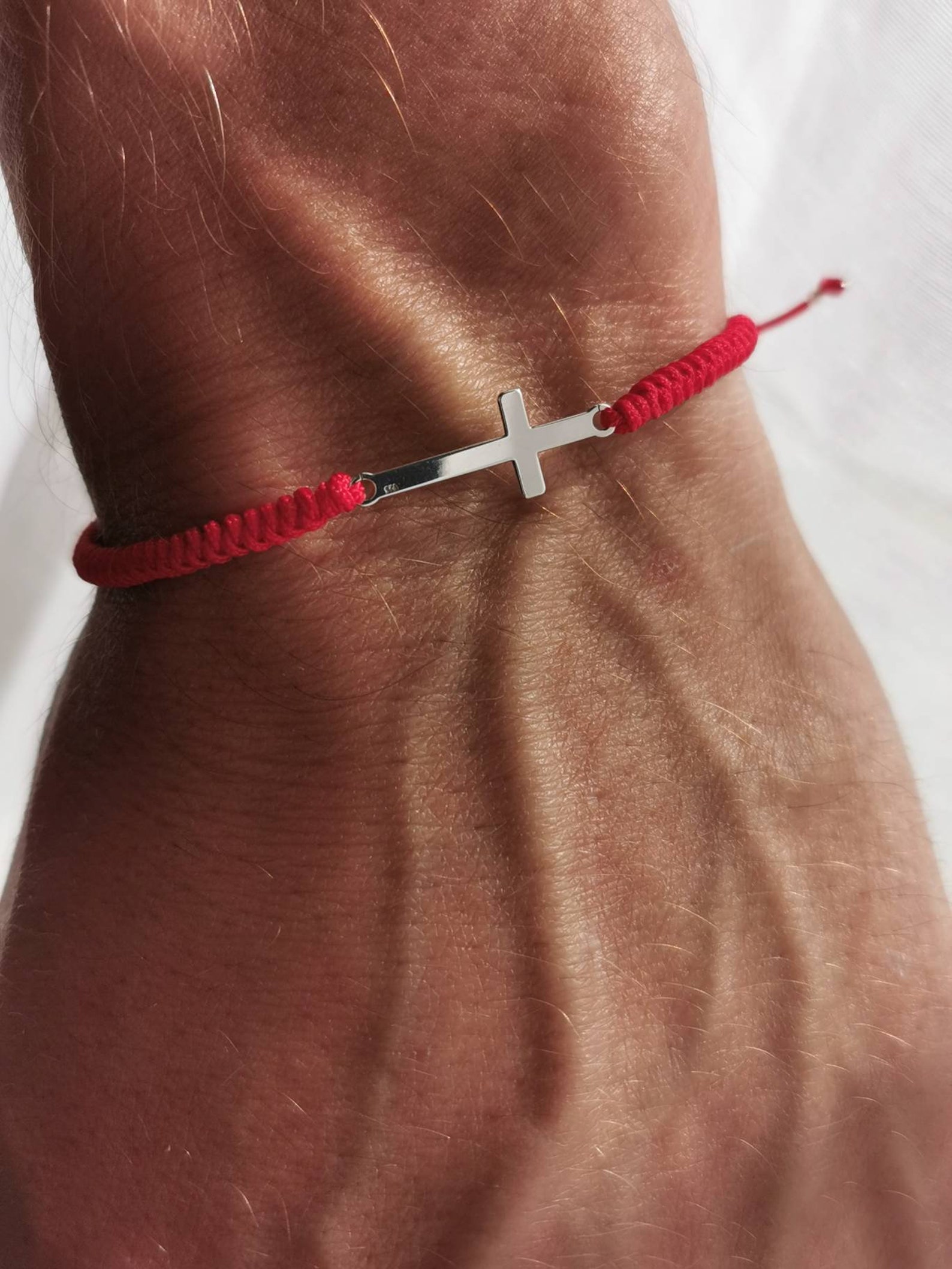 Silver Cross Men's Bracelet. Red String for Men. Cross Bracelet for Him ...
