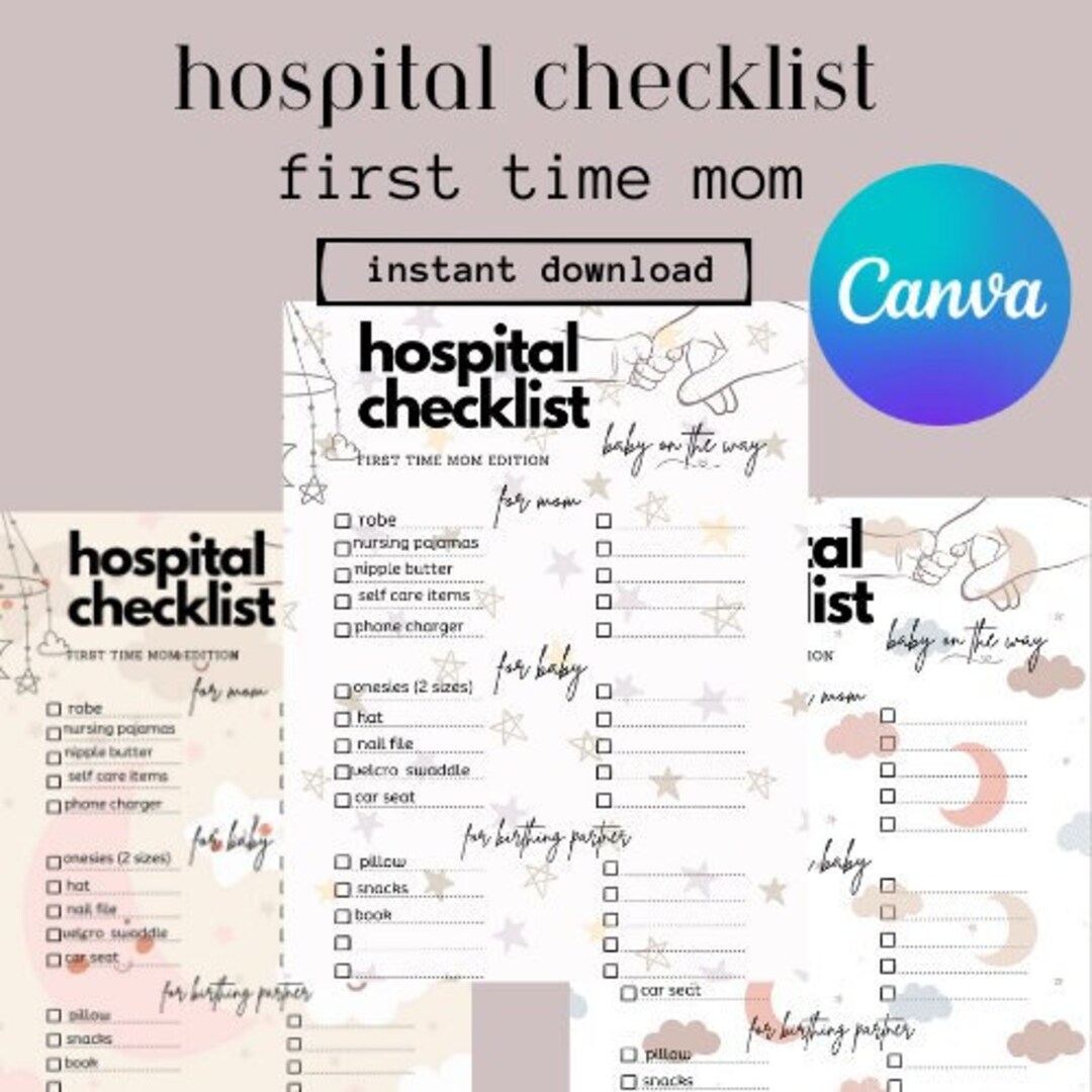 Hospital Bag Checklist Checklist Template Baby/ Mom / Birthing Partner ...