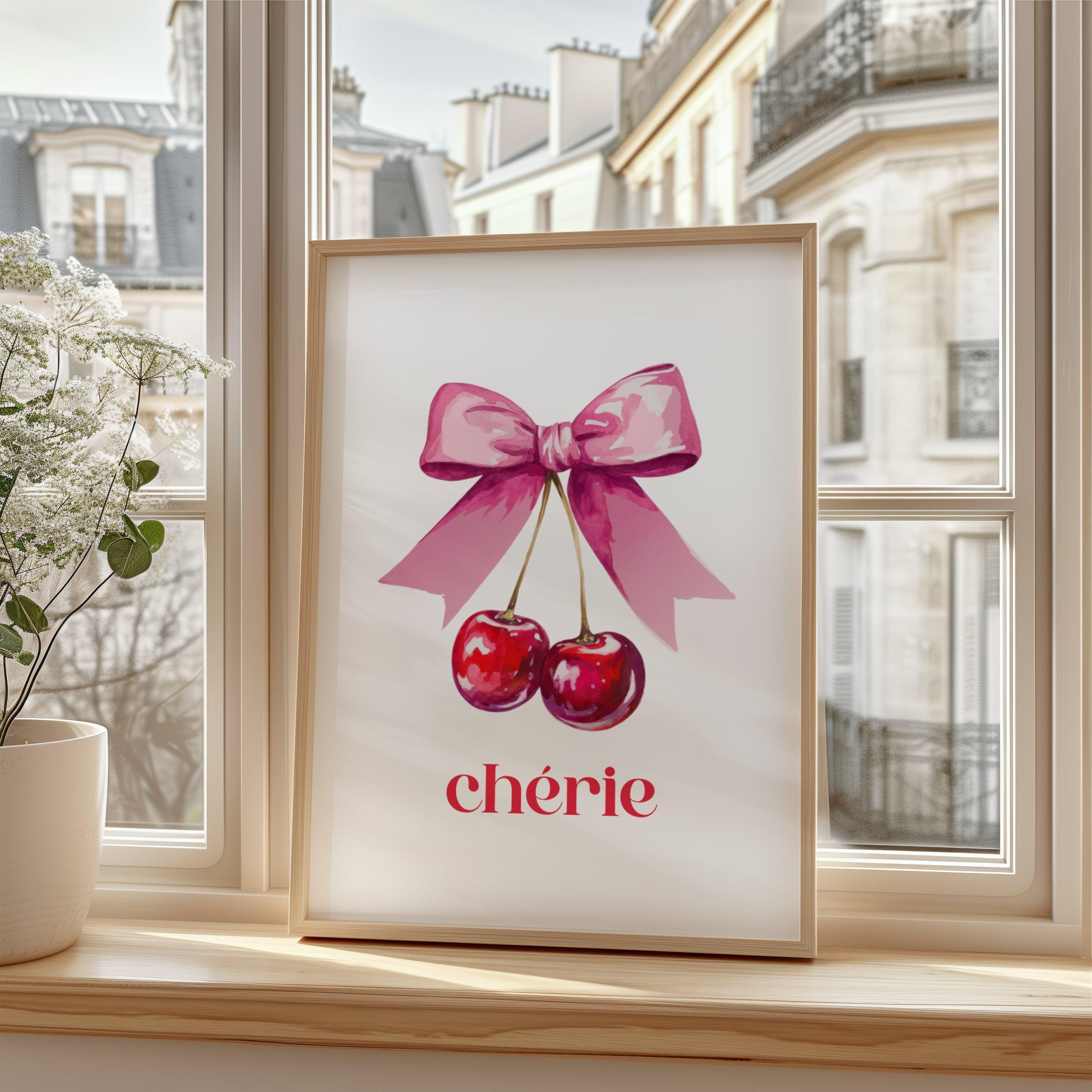Chérie Cherry Bow Poster | Cherrye Coquette Ribbon Print | Feminine ...