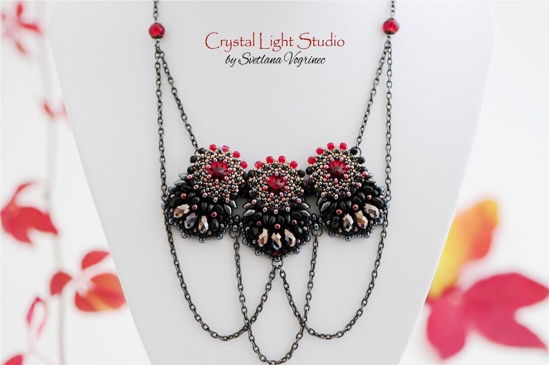 Statement Embroidered Ruby Necklace, Swarovski Beaded Necklace Black ...
