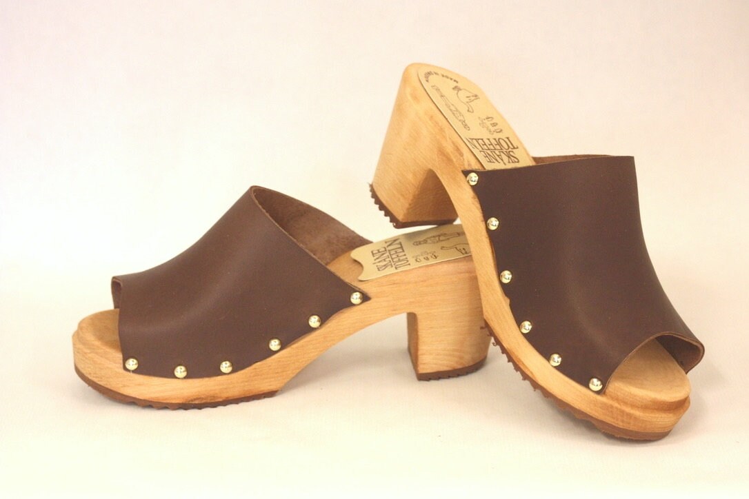 High Heel Slip-in Clogs in Natural Greased Leather With Decorative ...