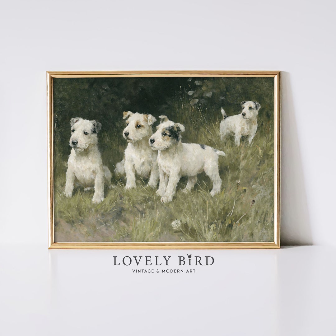 Vintage Animal Nursery Dog Painting 4 Little Puppies Girls Room Wall ...