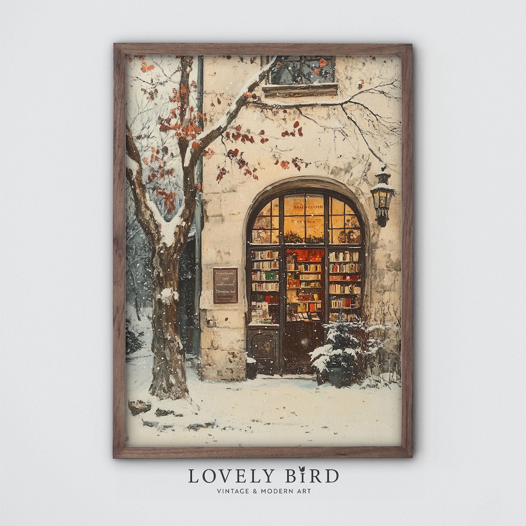Vintage Winter Bookstore Print: Cottagecore Library Wall Art (digital ...
