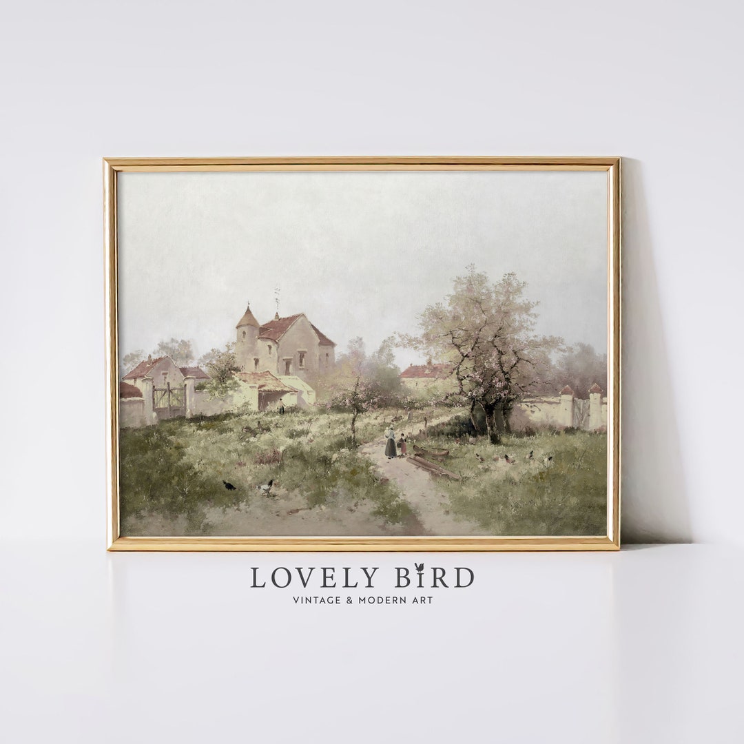Rural Scene Painting | Vintage Village Landscape Spring Wall Art Print ...