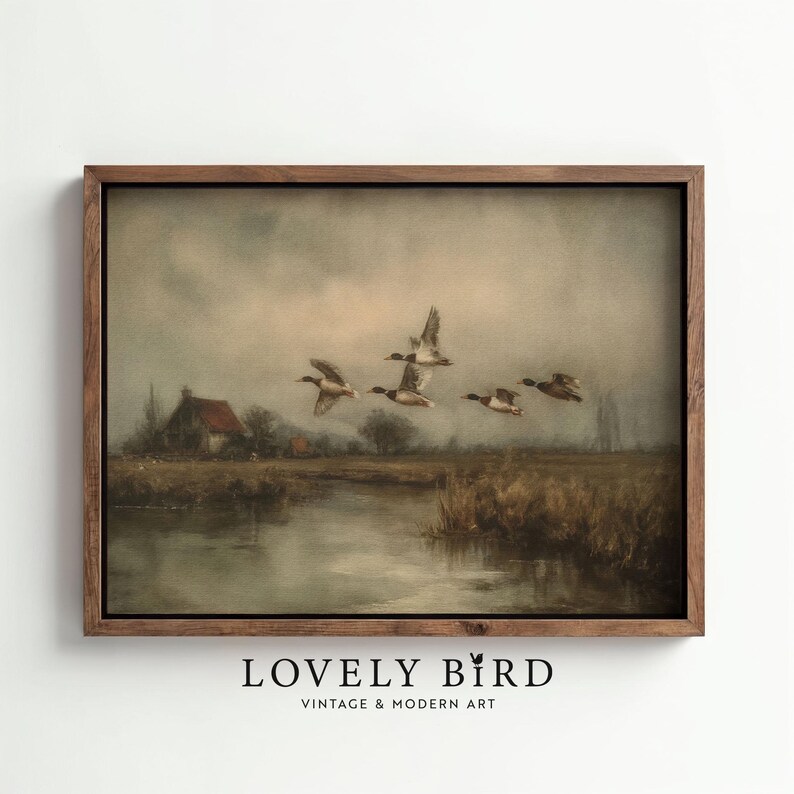 Flying Ducks Print Over Pond, Mallards Inflight Landscape Painting ...
