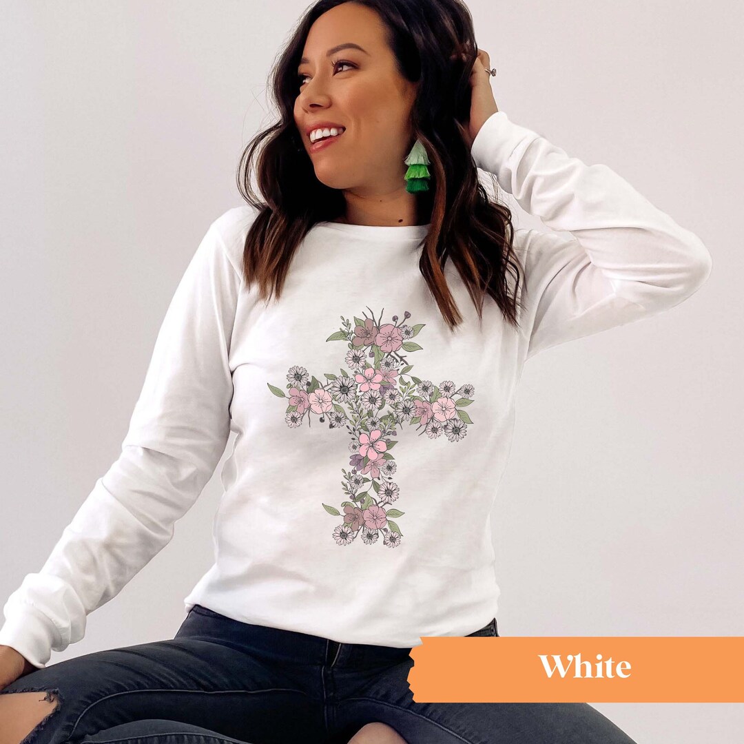 Floral Cross Long Sleeve Shirt, Christian Long Sleeve Shirt, Women's ...
