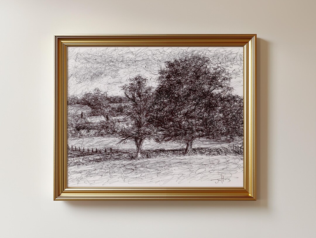Original Landscape Pen Drawing: Countryside Sketch, Unframed Art (8 ...