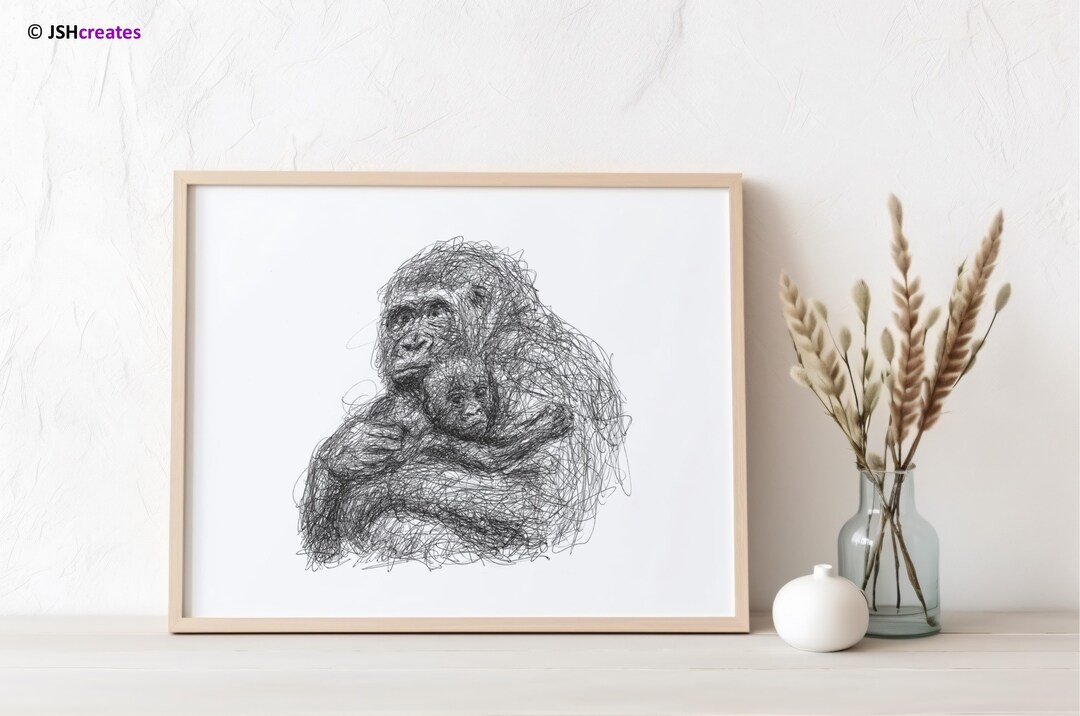 Gorilla Print, Gorilla Wall Art, Gorilla Drawing, Baby Gorilla, Momma Gorilla, Black White ...